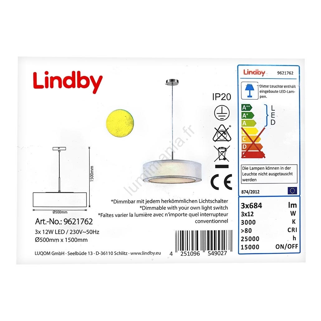 Lindby - Suspension filaire à intensité variable LED AMON 3xLED/12W/230V | Lumimania