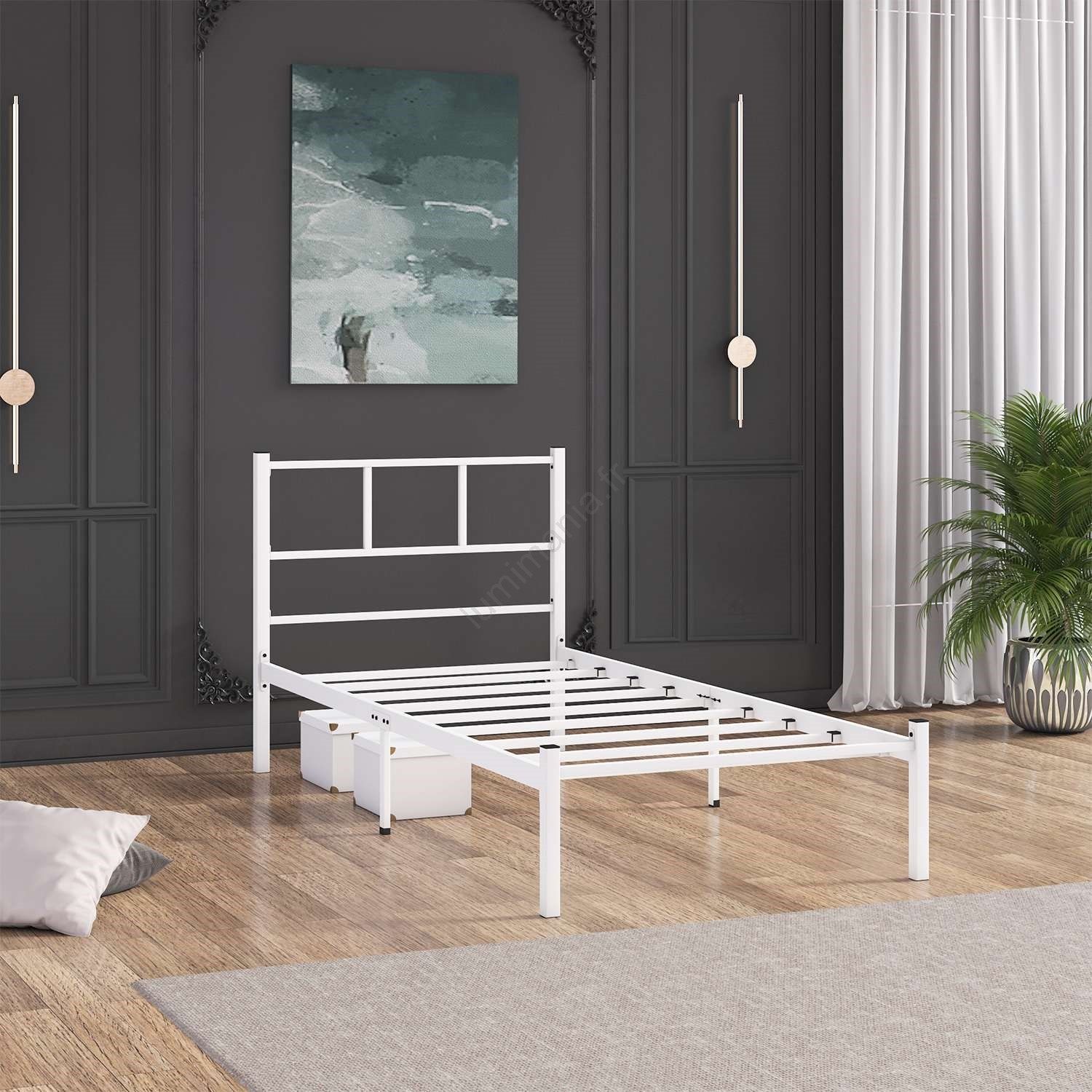 Lit simple en métal ROVAN 90x200 cm, blanc — capacité de charge 120 kg ...