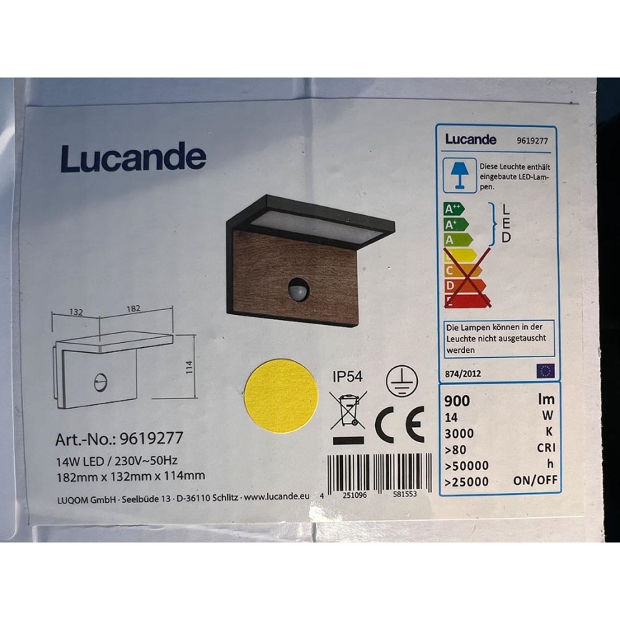 Lucande - Applique murale d'extérieur avec détecteur LIGNUS LED/14W ...