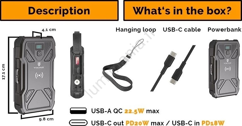 Viking-Power Bank avec lampe LED, recharge sans fil et panneau solaire ...